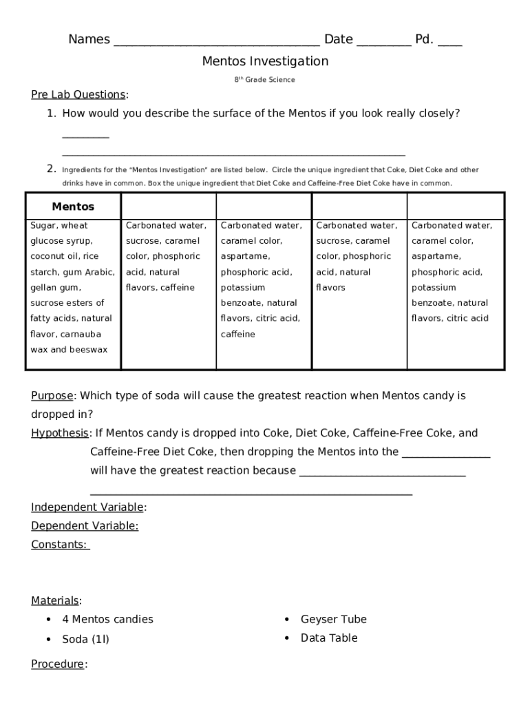 Mentos Investigation Doc Template | pdfFiller
