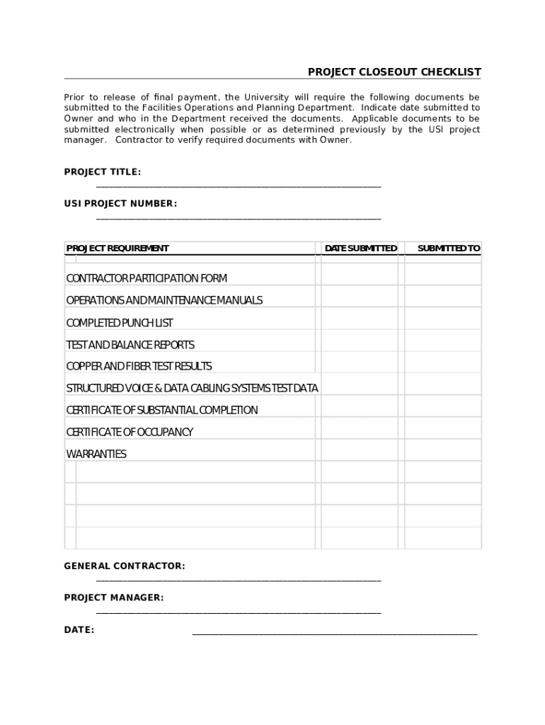 PROJECT CLOSEOUT CHECKLIST University Of Southern Indiana Doc Template PdfFiller
