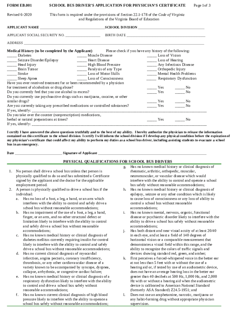 Virginia School Bus Driver Physical EB001 Doc Template | pdfFiller
