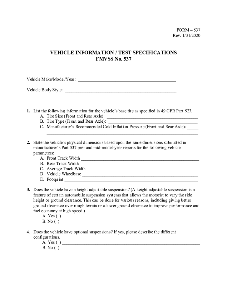 Fillable Online Form 537 - VEHICLE INFORMATION / TEST SPECIFICATIONS ...