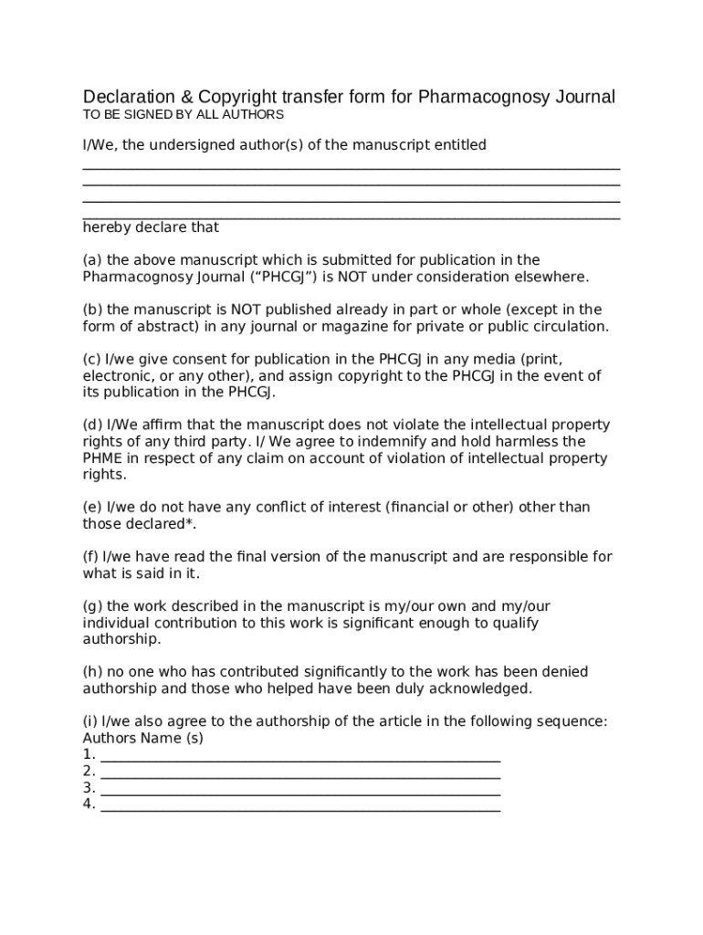 Declaration & Copyright transfer for Pharmacognosy Journal TO BE SIGNED BY ALL AUTHORS Doc ...