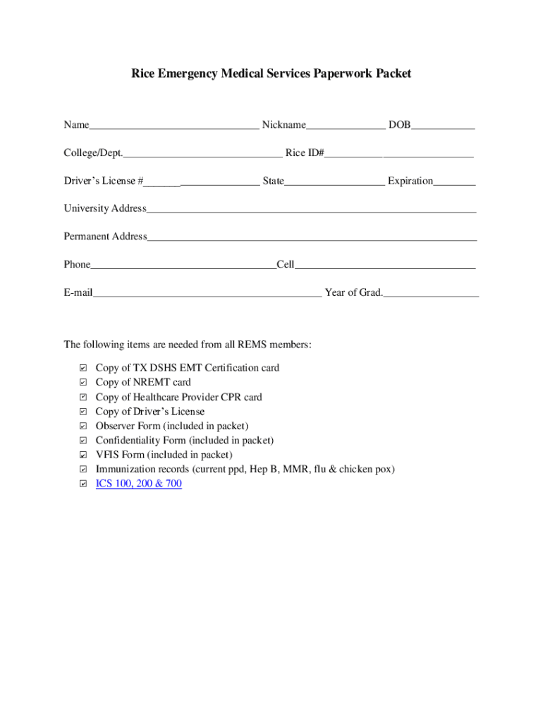 Fillable Online rems rice Rice Emergency Medical Services Paperwork ...