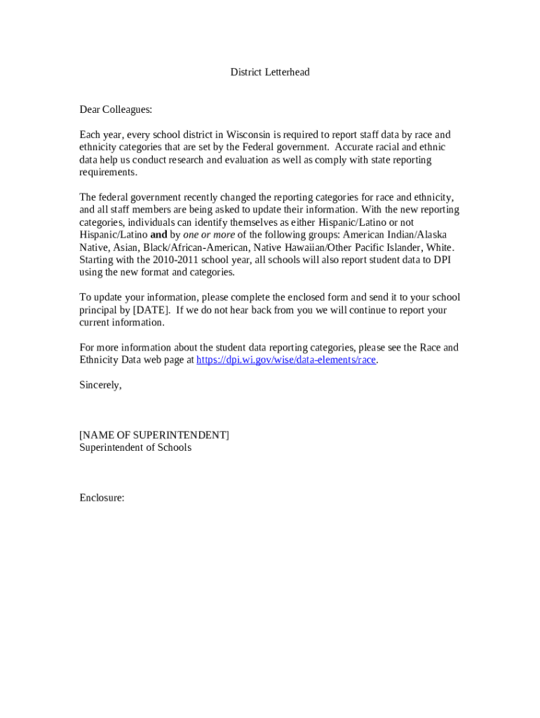 Sample Letter for EPIMS Race/Ethnicity Data Collection Doc ... - dpi wi Doc Template | pdfFiller