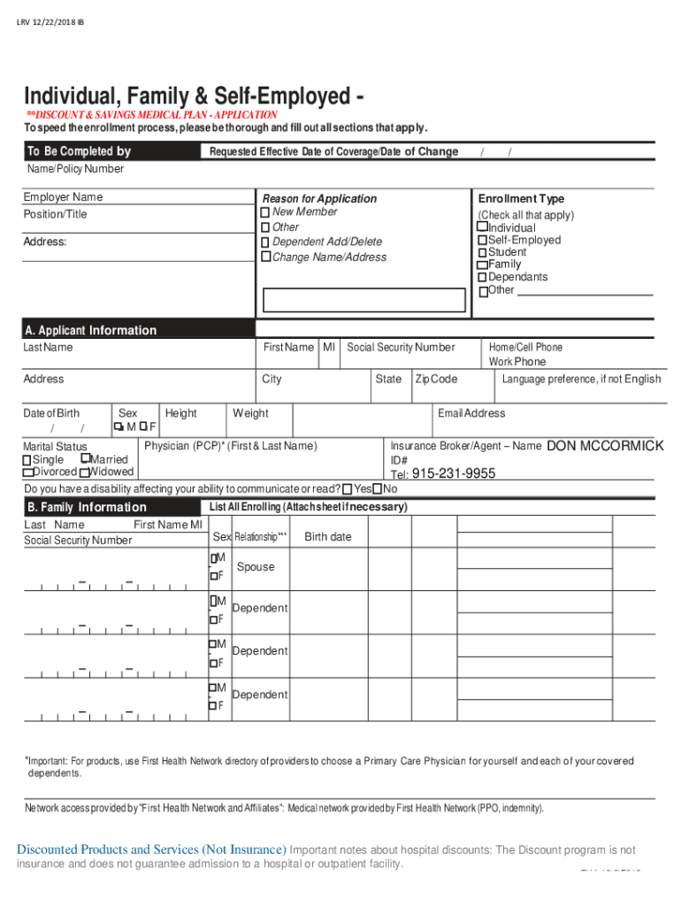 Fillable Online Individual, Family & Self-Employed **DISCOUNT & SAVINGS ...