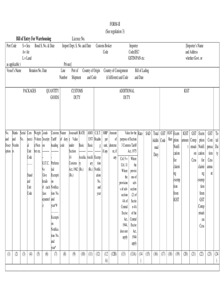 Fillable Online Bill of Entry For Warehousing Refer Bill of Entry ...