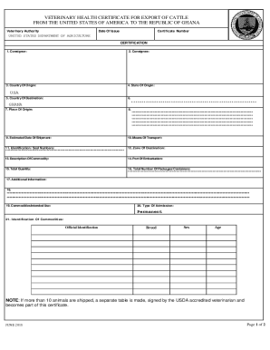Fillable Online VETERINARY HEALTH CERTIFICATE FOR EXPORT OF CATTLE FROM ...