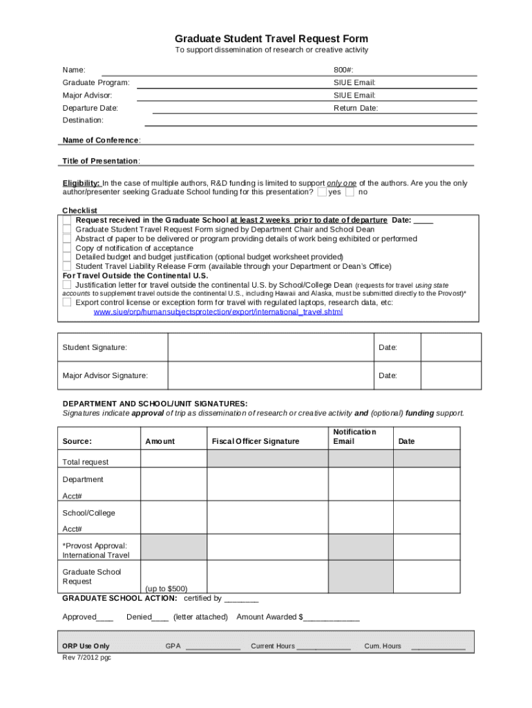 Graduate Student Travel Request - SIUE Doc Template | pdfFiller