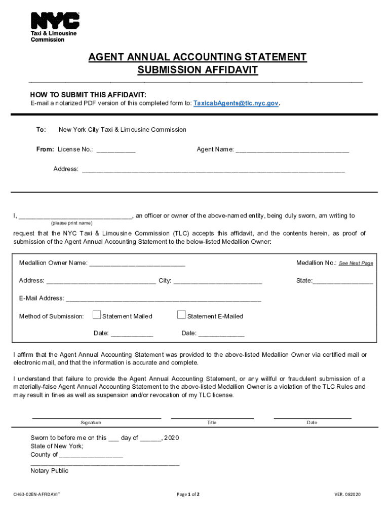Fillable Online AGENT ANNUAL ACCOUNTING STATEMENT SUBMISSION AFFIDAVIT ...