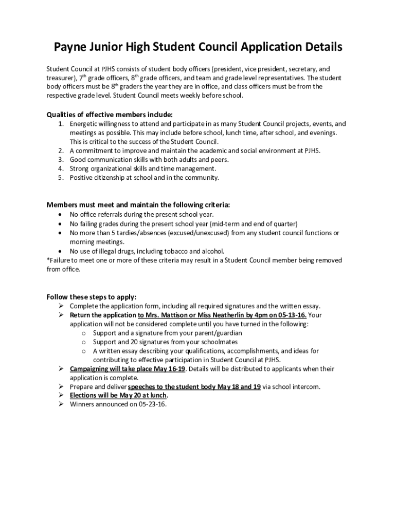Fillable Online Payne Junior High Student Council Application Details ...