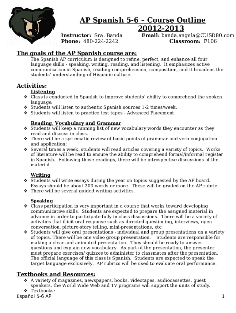 AP Spanish 5-6 - Course Outline Doc Template | pdfFiller