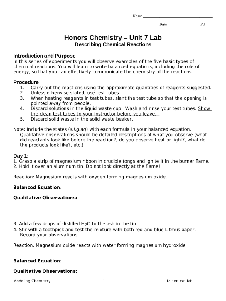 Honors Chemistry Unit 7 Lab Doc Template | pdfFiller