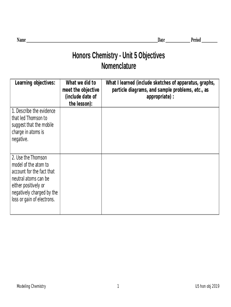 Honors Chemistry - Unit 5 Objectives Nomenclature Doc Template | pdfFiller