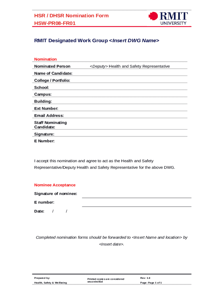 HSW-PR08-FR01 - HSR DHSR Nomination - Rev. 1.0. Health, Safety & Wellbeing Doc Template | pdfFiller