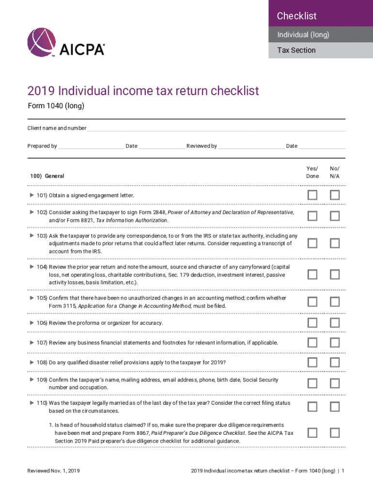 Fillable Online 2019 Individual Income Tax Return Checklist (Long ...