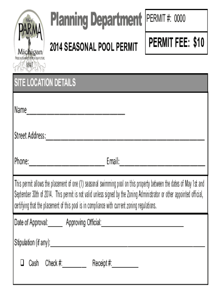 Fillable Online 2014 SEASONAL POOL PERMIT PERMIT FEE: $10 - Clover ...