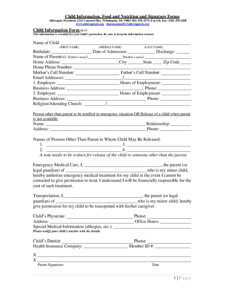 Fillable Online Child Information, Food and Nutrition and Signature ...