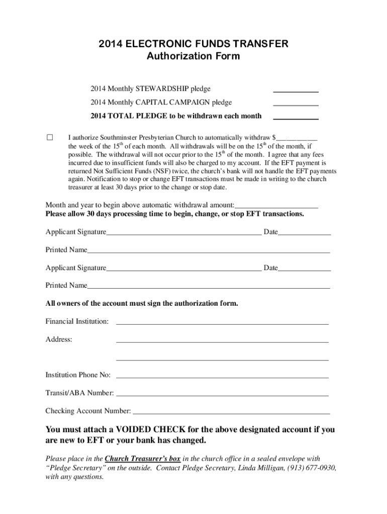 Fillable Online 2014 ELECTRONIC FUNDS TRANSFER Authorization Form Fax ...