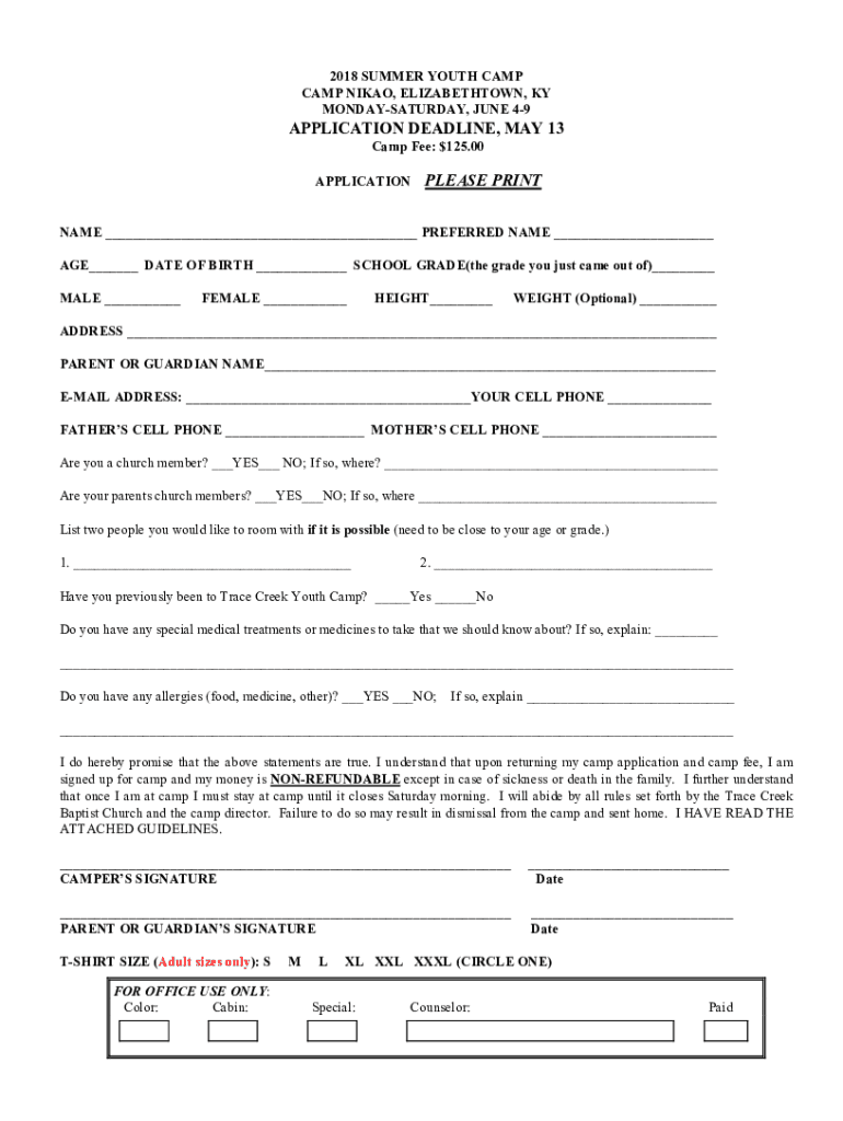 Fillable Online Youth Camp Application.info.med form 2018 Fax Email Print - pdfFiller