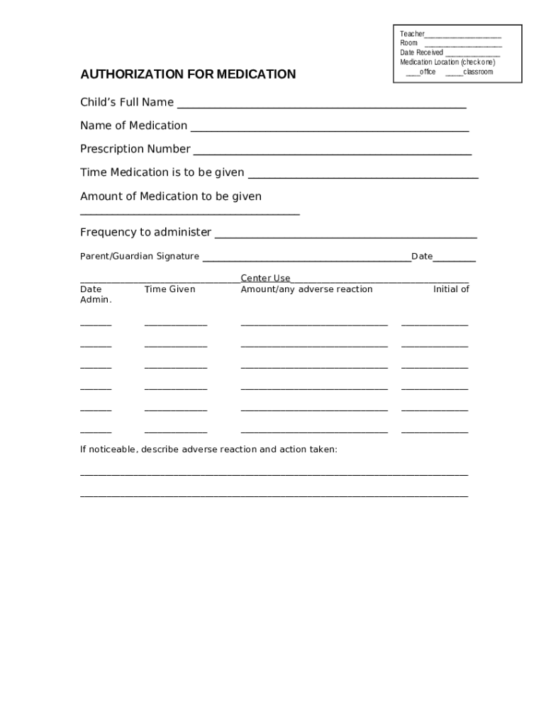 Authorization for Medication Form - Blank Fillable Template | Fill Out ...