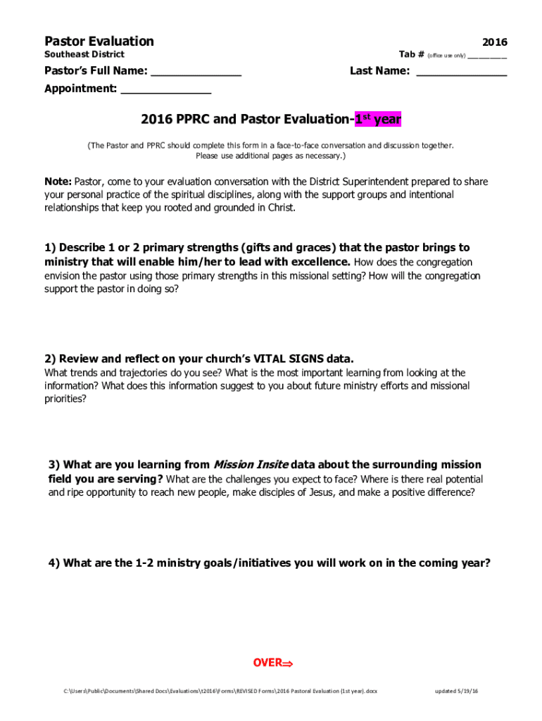 Fillable Online Pastor Evaluation 2016 PPRC and Pastor ... - Clover ...