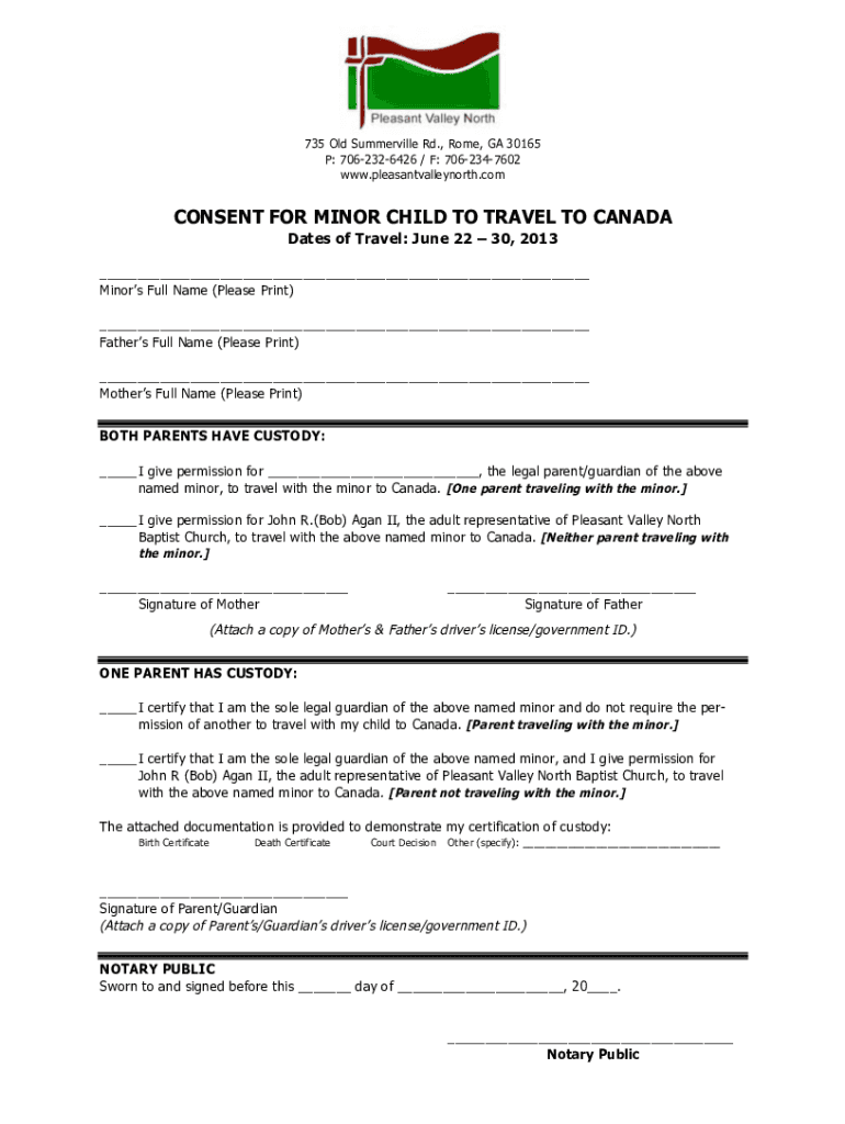 Fillable Online consent for minor child to travel to canada - Clover ...