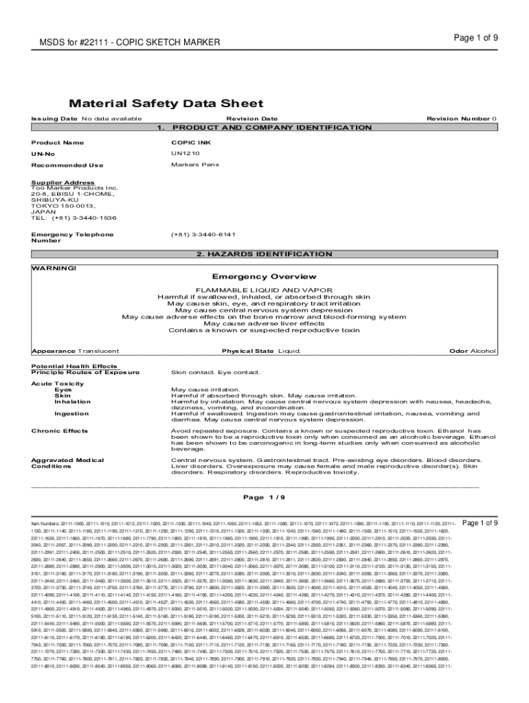 Fillable Online MSDS for #22111 - COPIC SKETCH MARKER. Material Safety ...