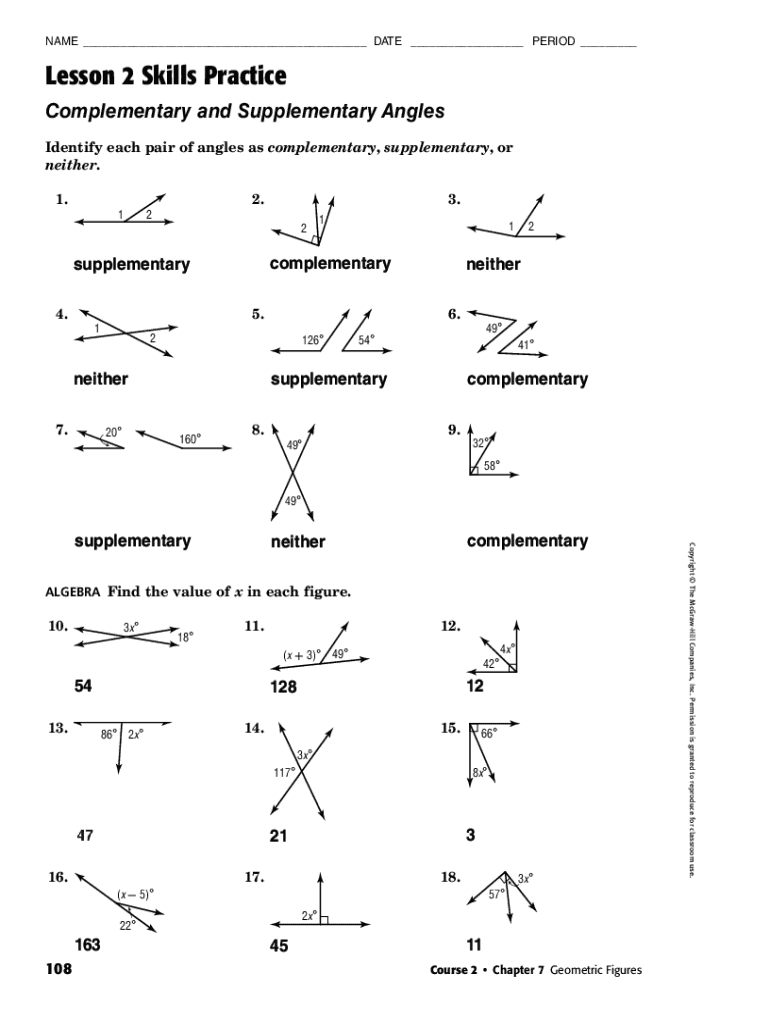 Fillable Online Identify each pair of angles as complementary, supplementary, or Fax Email Print ...