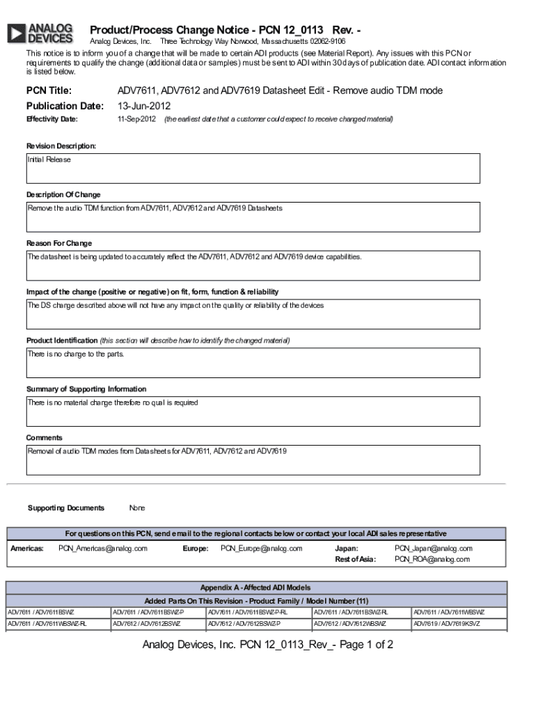 Fillable Online ADI PCN 12 0113 Rev - Form Fax Email Print - pdfFiller