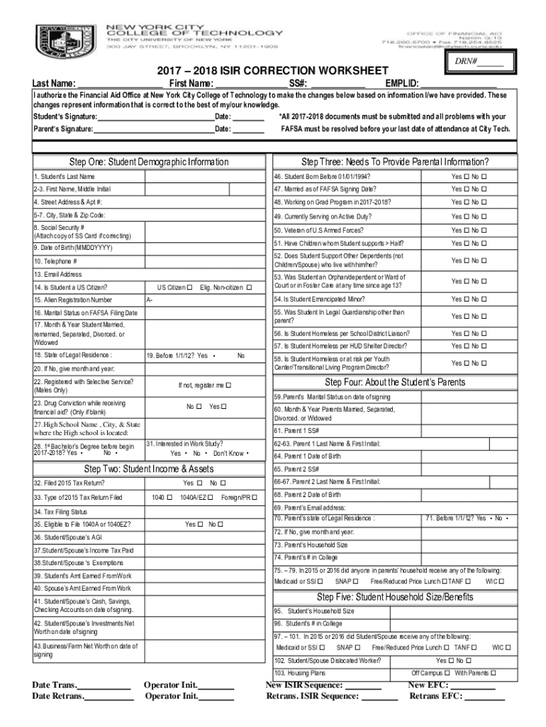 Fillable Online 2017 2018 ISIR CORRECTION WORKSHEET Fax Email Print - pdfFiller