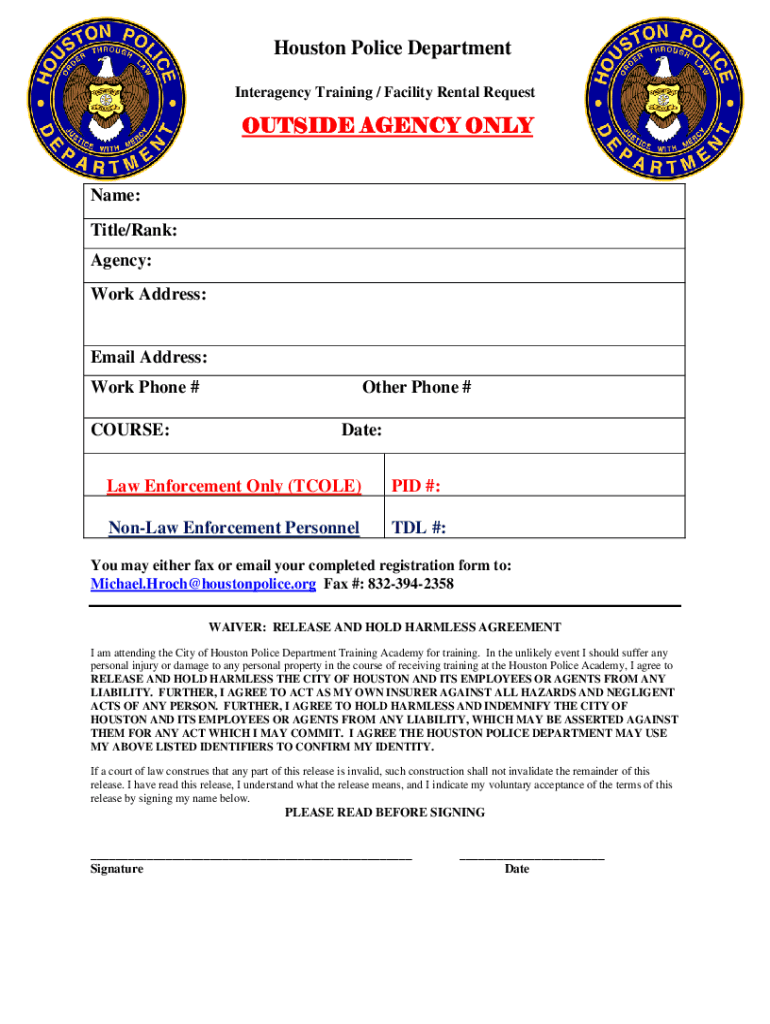 Fillable Online Training - Registration Form - Outside Agency Officer ...
