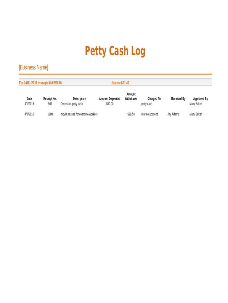 Petty Cash Log Form - Fill Online, Printable, Fillable, Blank - pdfFiller
