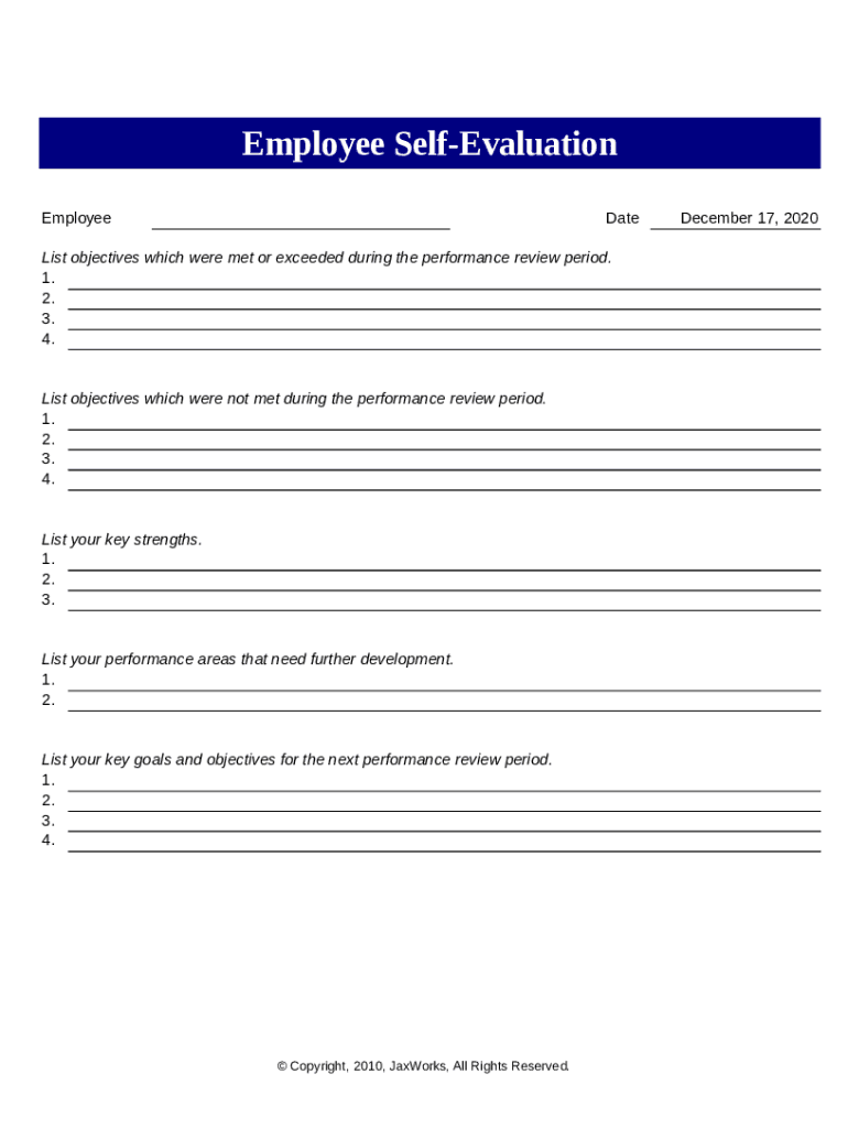 Performance Self Evaluation Fill Online Printable Fillable Blank 