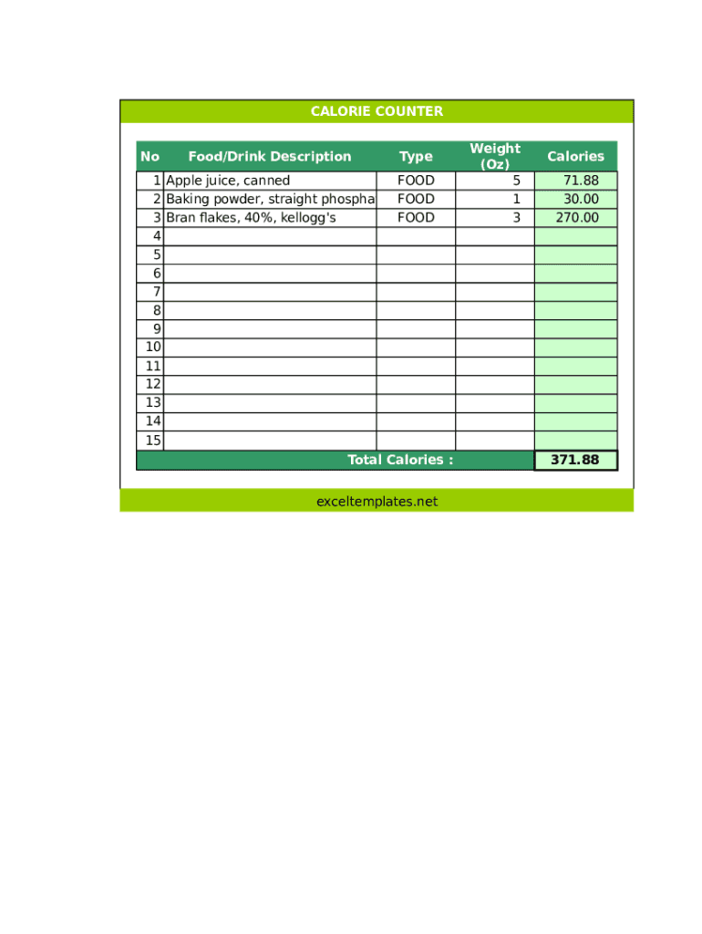 Calorie Counter Spreadsheet Fill Online Printable Fillable Blank