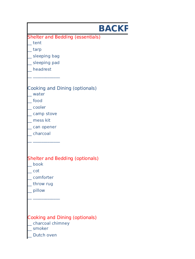 Et Backpacking Checklist Form - Fill Online, Printable, Fillable, Blank ...
