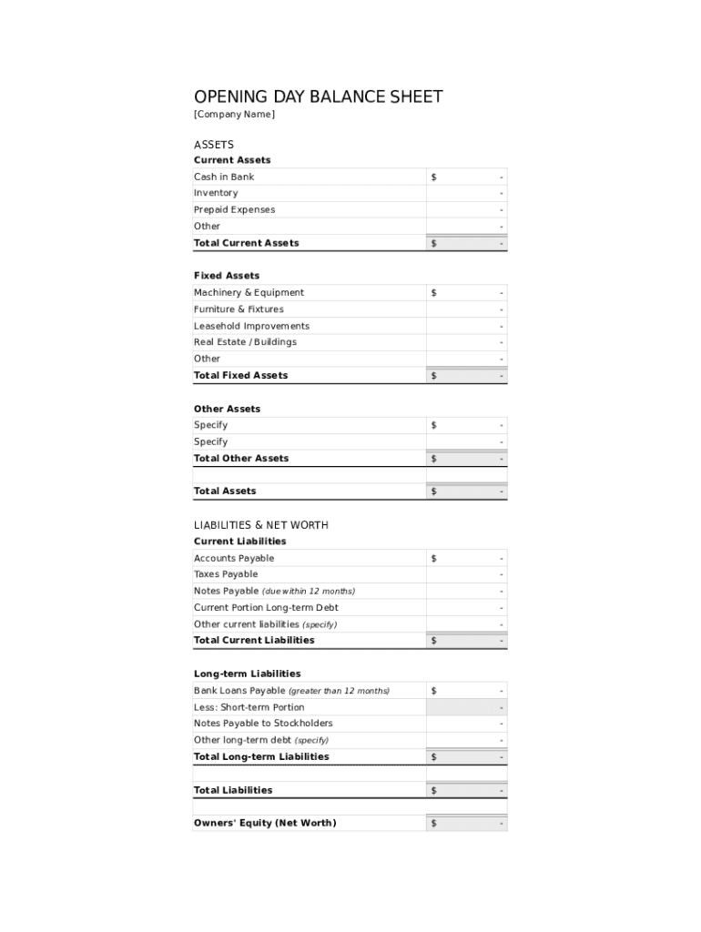 Fillable Online Opening Day Balance Sheet Fax Email Print - pdfFiller