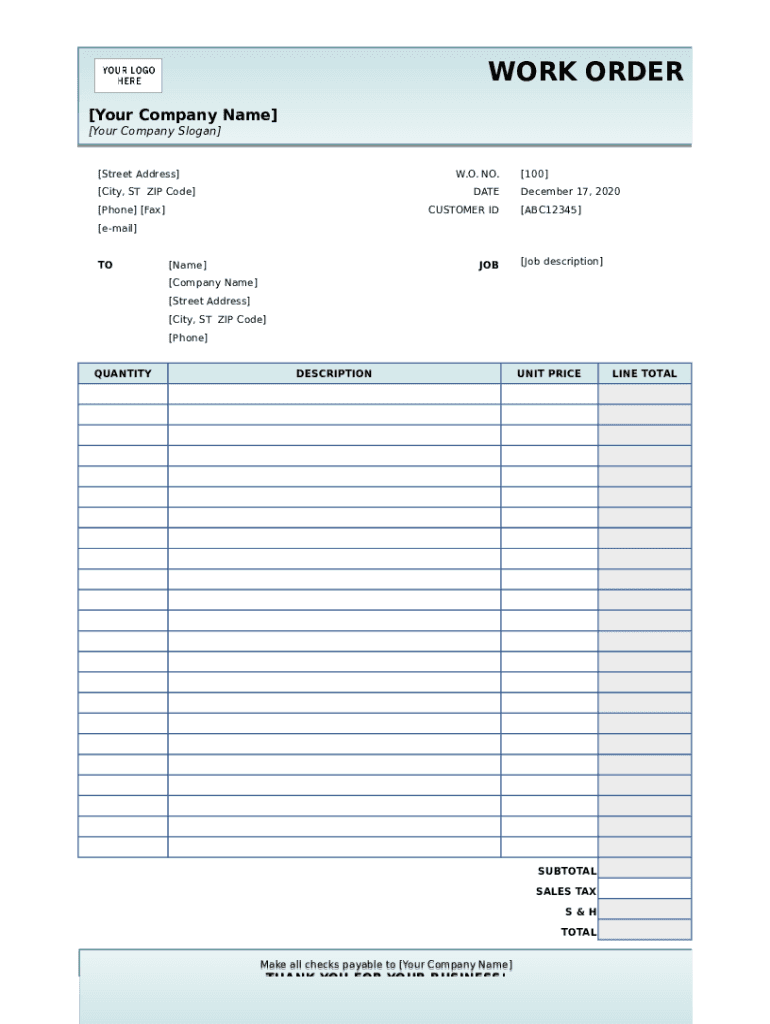 Work Order Create Form Fill Online Printable Fillable Blank 