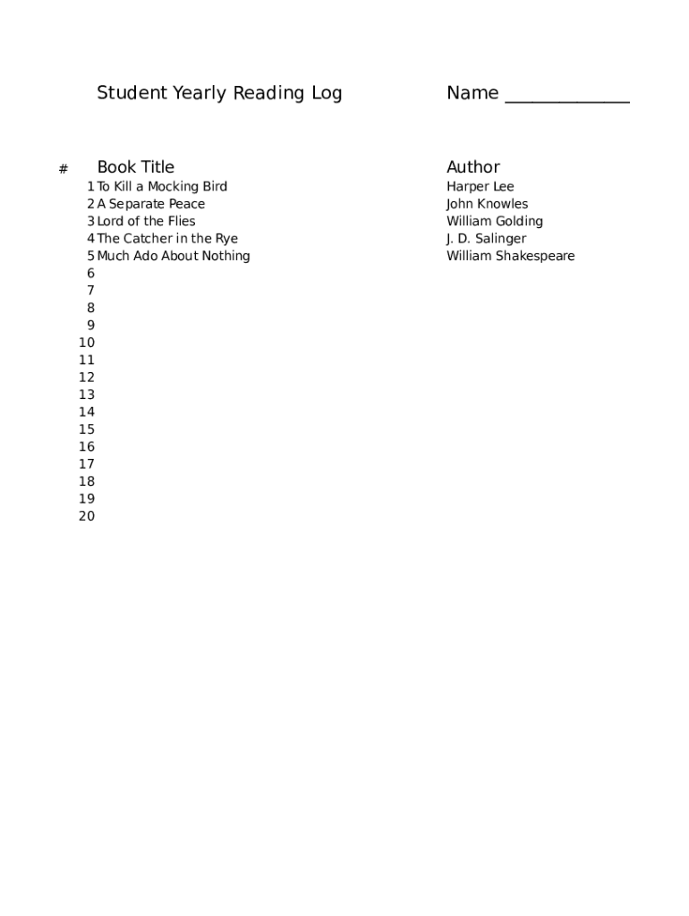 Student Yearly Reading Log - Fill and Sign Printable Template Online ...