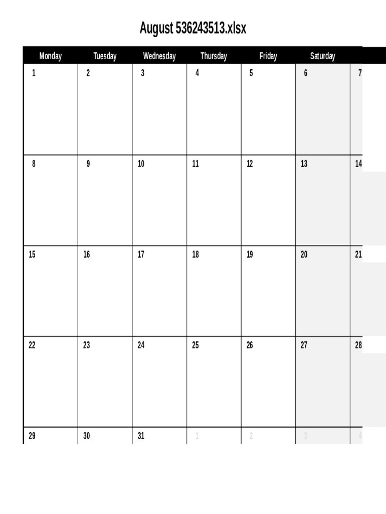 Fillable Online August Monthly Calendar Fax Email Print - pdfFiller