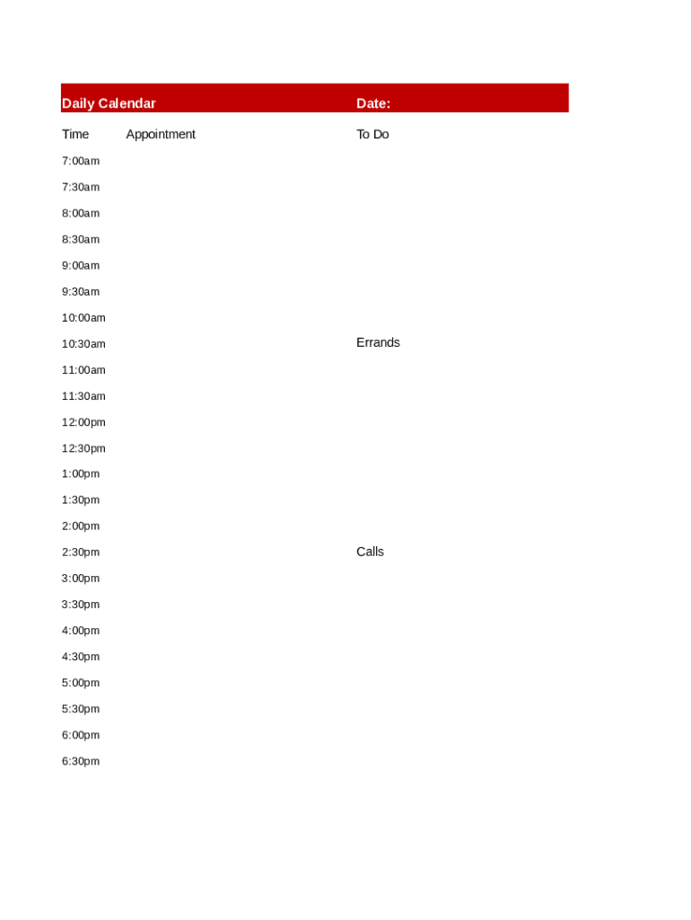 Daily Calendar Template - Blank Fillable Template | Fill Out, Print ...