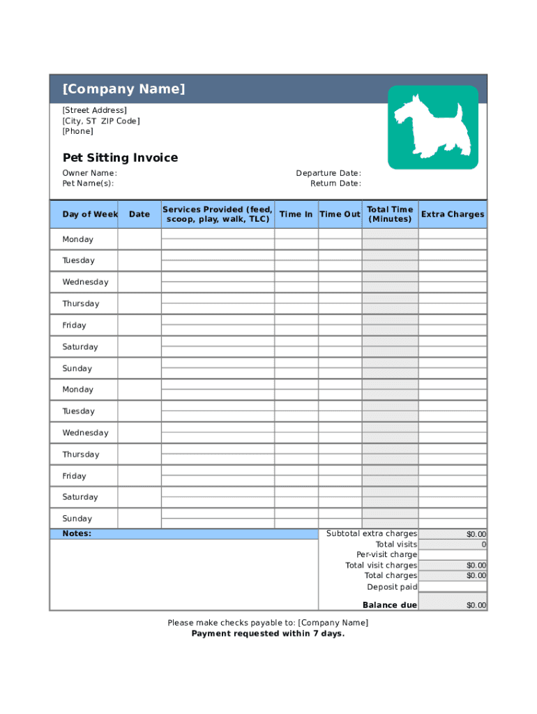 Pet Sitting Invoice Template Fill Online Printable Fillable Blank 