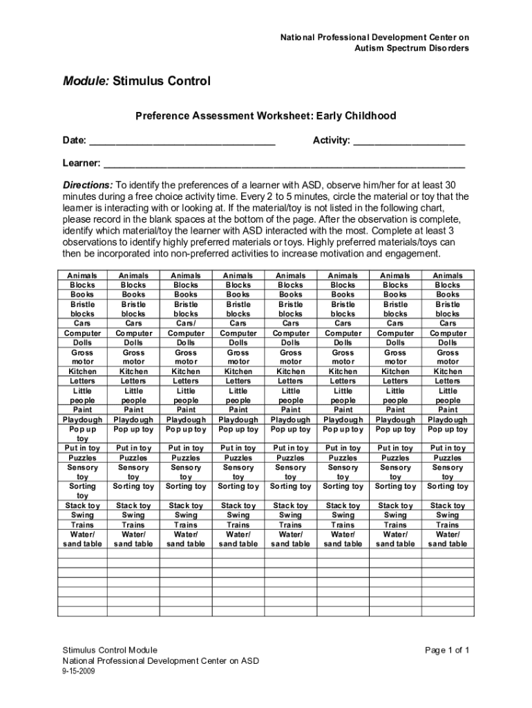 Fillable Online Preference Assessment Worksheet Fax Email Print - pdfFiller
