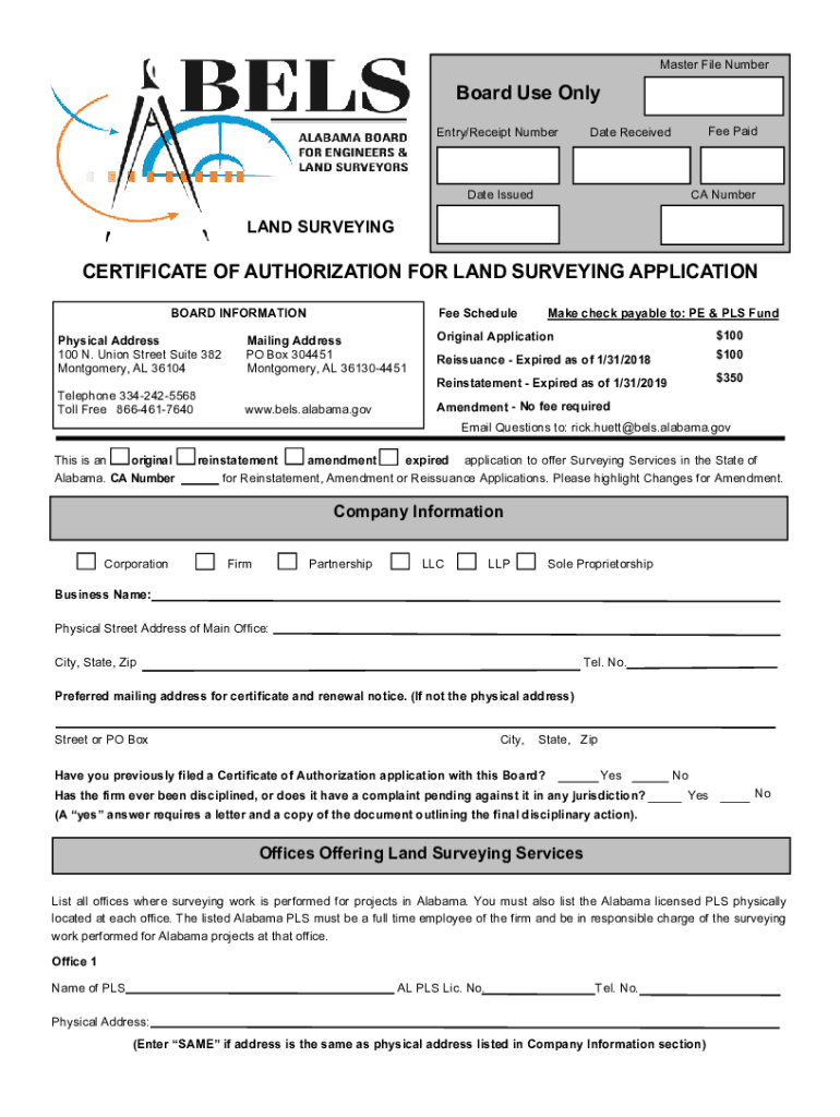 Fillable Online CERTIFICATE OF AUTHORIZATION FOR LAND SURVEYING APPLICATION Fax Email Print ...