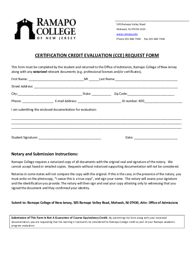 Fillable Online CERTIFICATION CREDIT EVALUATION (CCE) REQUEST FORM Fax ...