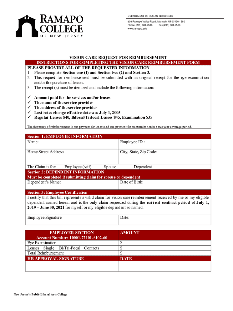 Fillable Online VISION CARE REQUEST FOR REIMBURSEMENT INSTRUCTIONS Fax ...