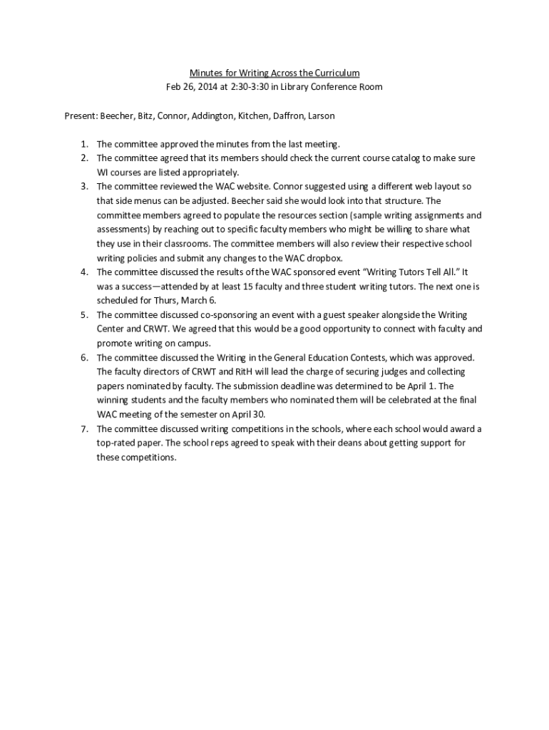 Fillable Online Present: Beecher, Bitz, Connor, Addington, Kitchen ...