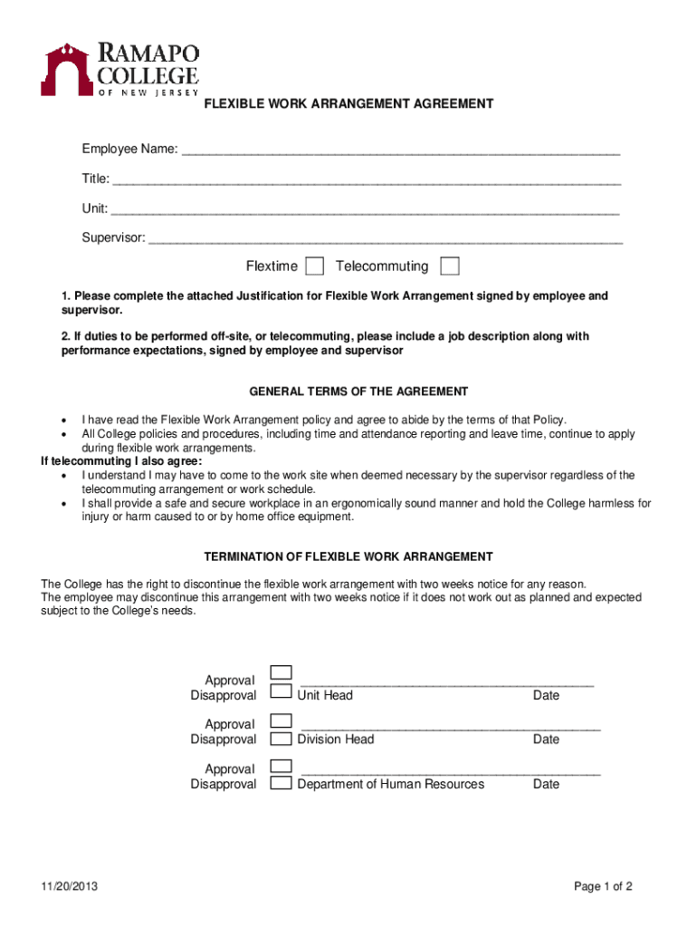 Fillable Online FLEXIBLE WORK ARRANGEMENT AGREEMENT Fax Email Print ... Fillable Online FLEXIBLE WORK ARRANGEMENT AGREEMENT Fax Email Print ...