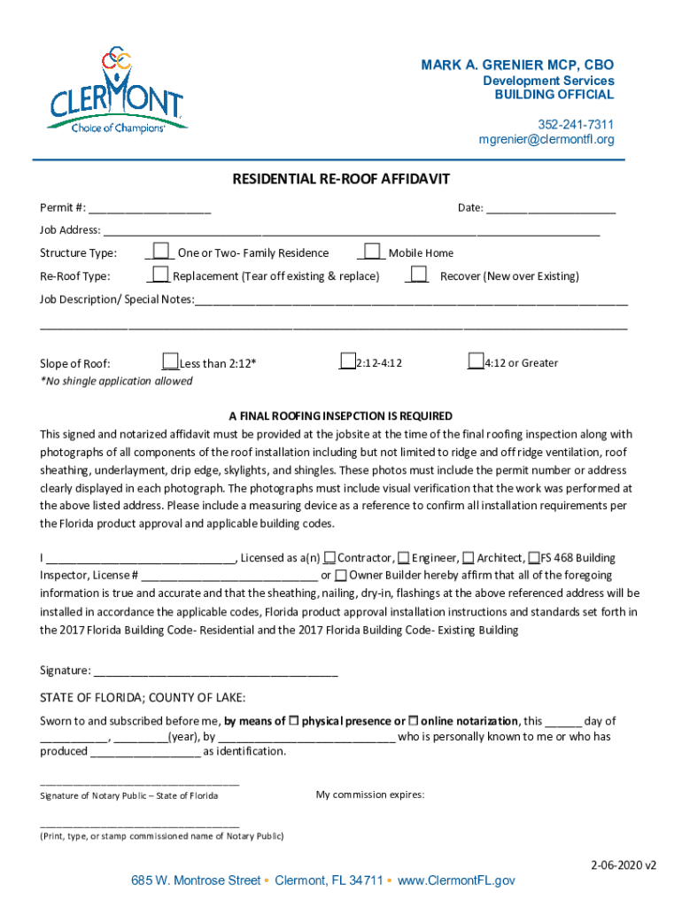Fillable Online RESIDENTIAL RE-ROOF AFFIDAVIT Fax Email Print - pdfFiller