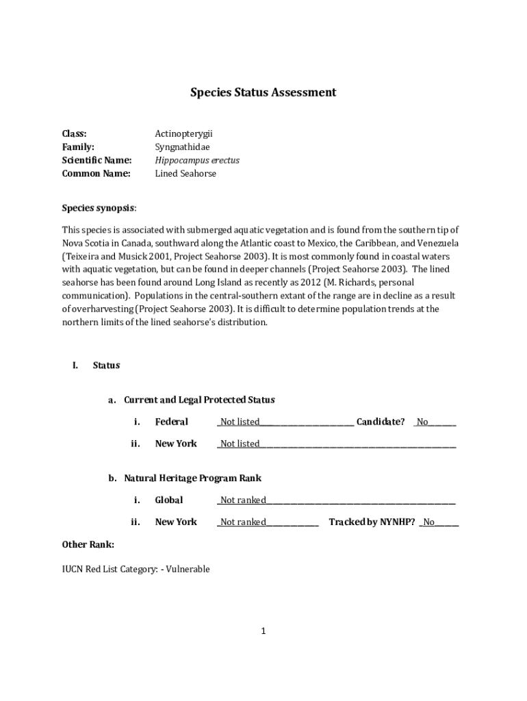 Fillable Online Species Assessment for Lined seahorse. Species ...