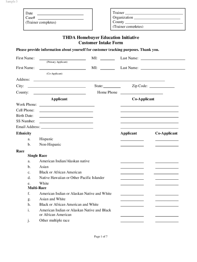 Fillable Online THDA Homebuyer Education Initiative Customer Intake ...