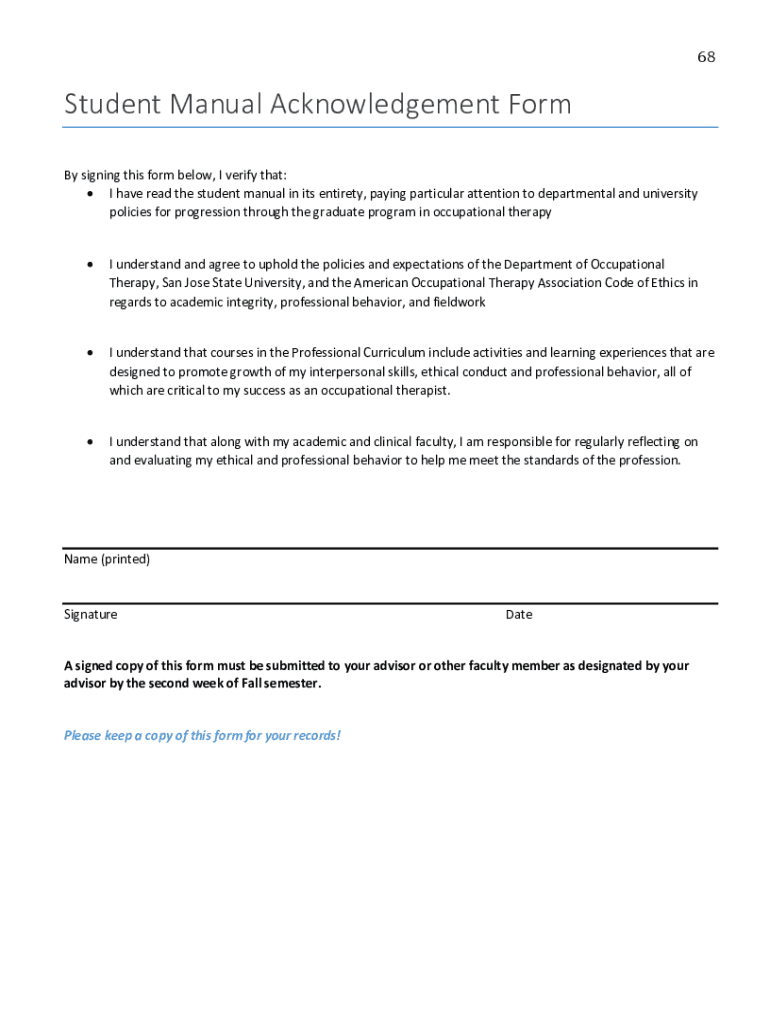 Fillable Online Student Manual Acknowledgement Form Fax Email Print ...